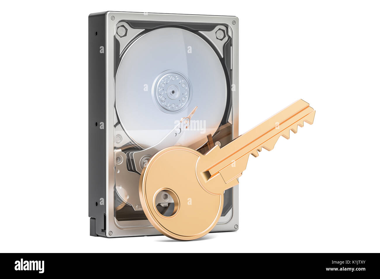 Hard Disk Drive HDD with key, encryption concept, 3D rendering isolated ...