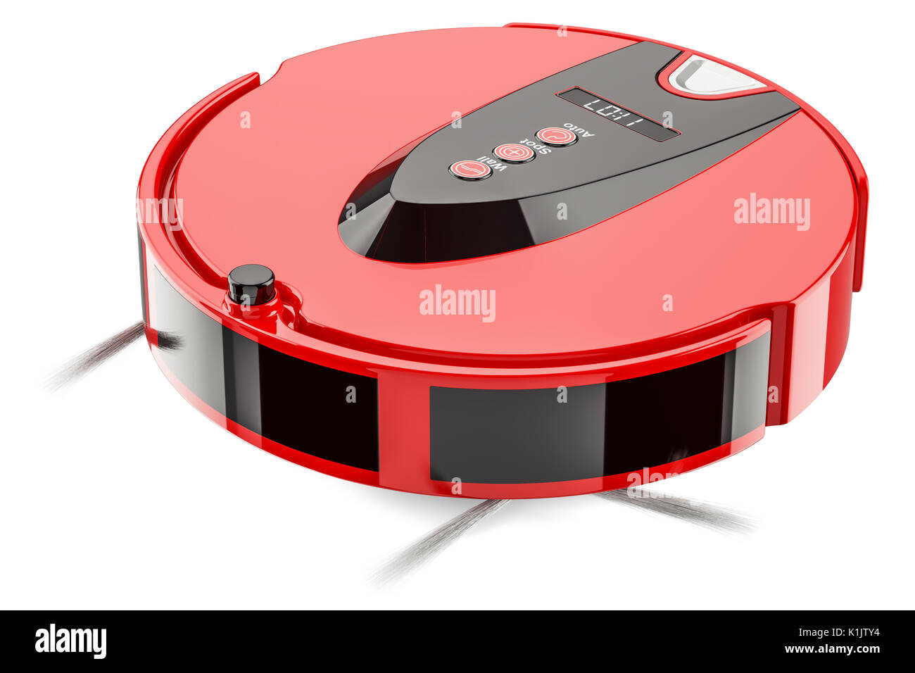 Modern red robotic vacuum cleaner, 3D rendering isolated on white ...