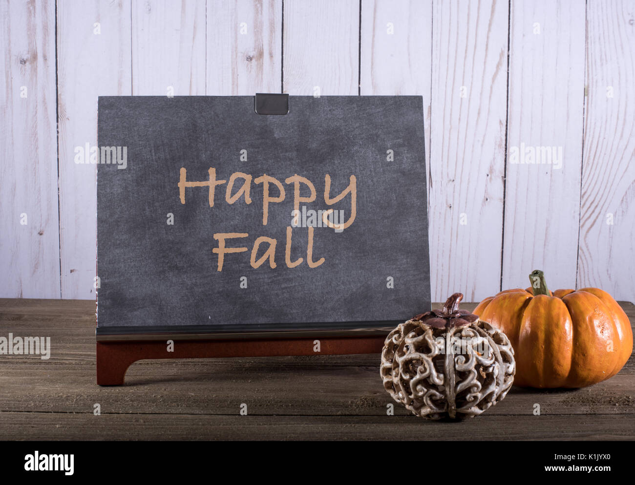 Chalkboard with words Happy Fall and two pumpkins Stock Photo - Alamy