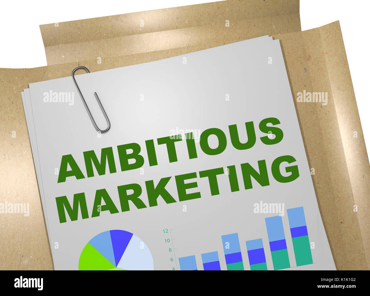 3D illustration of "AMBITIOUS MARKETING" title on business document ...