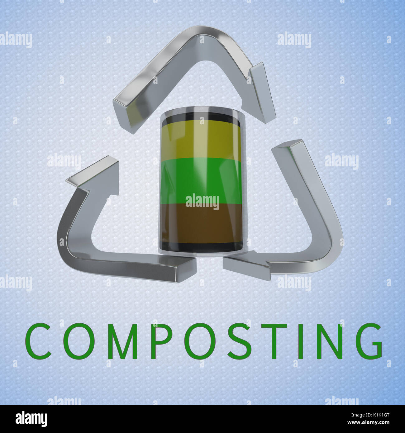 3D illustration of "COMPOSTING" title with a compost container in a ...