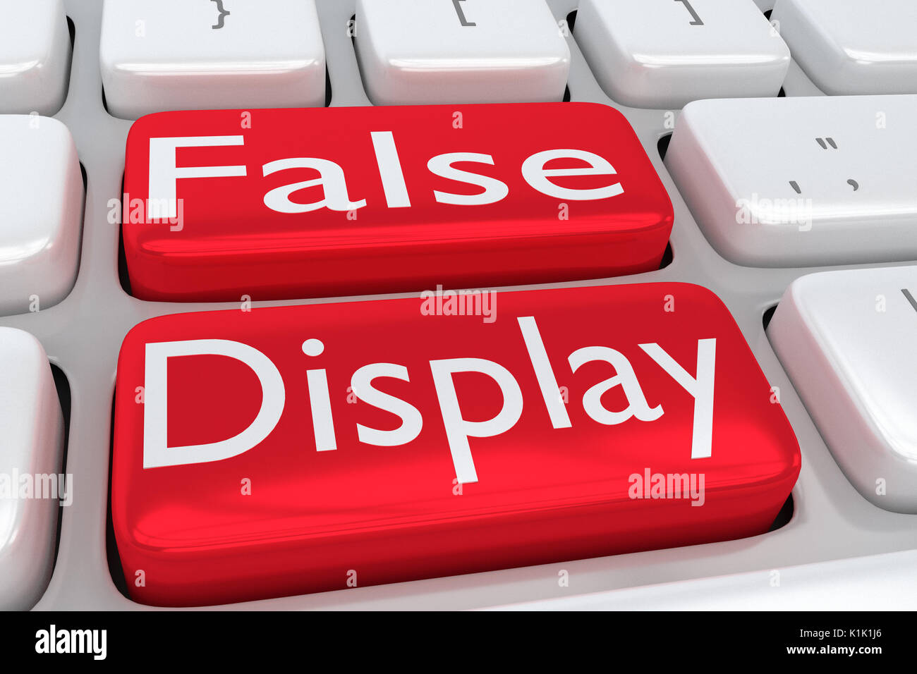 3D illustration of computer keyboard with the print "False Display" on two adjacent red buttons ...