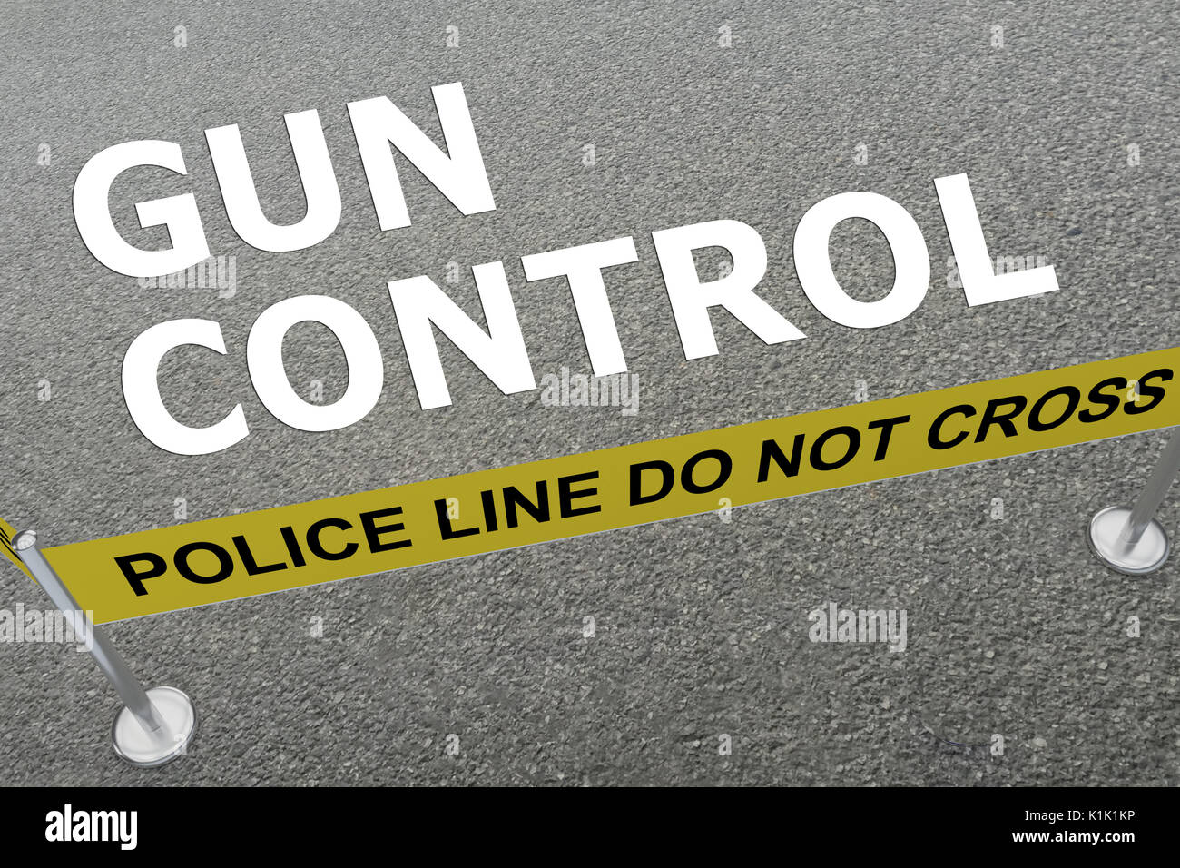 3D illustration of "GUN CONTROL" title on the ground in a police arena ...