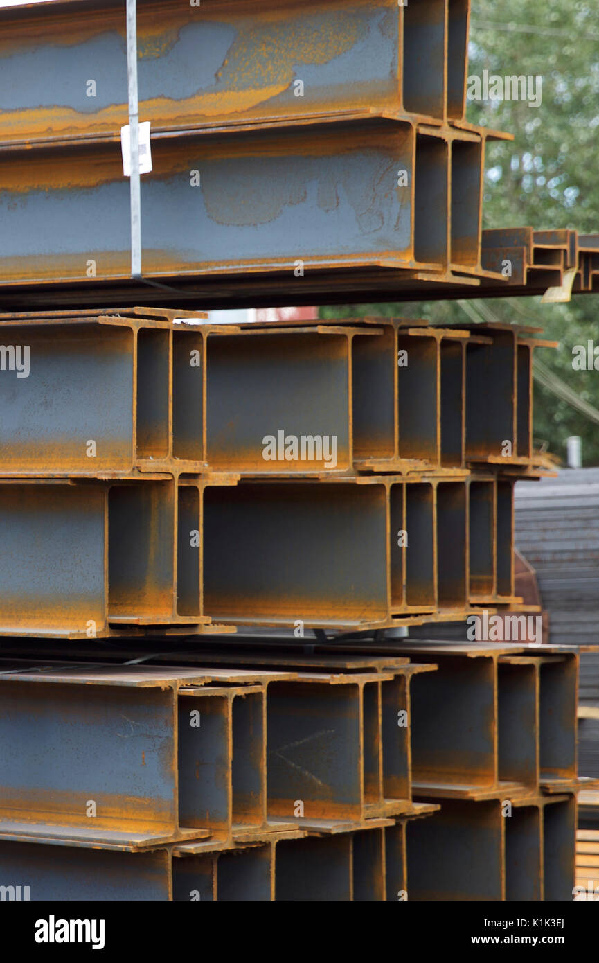 Metal profile beam in packs at the warehouse of metal products, Russia ...