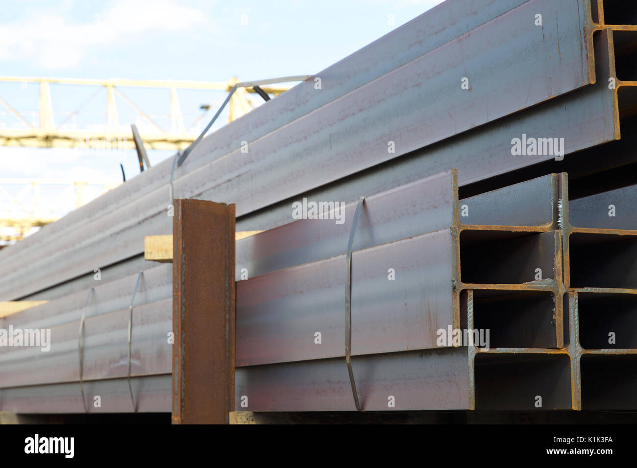 Metal profile beam in packs at the warehouse of metal products, Russia ...