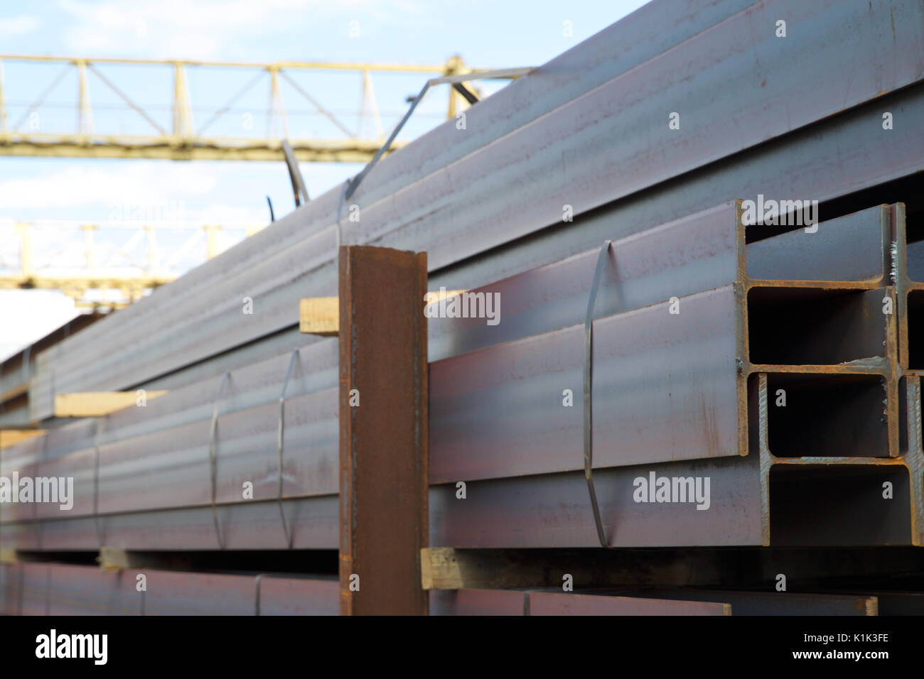 Metal profile beam in packs at the warehouse of metal products, Russia ...