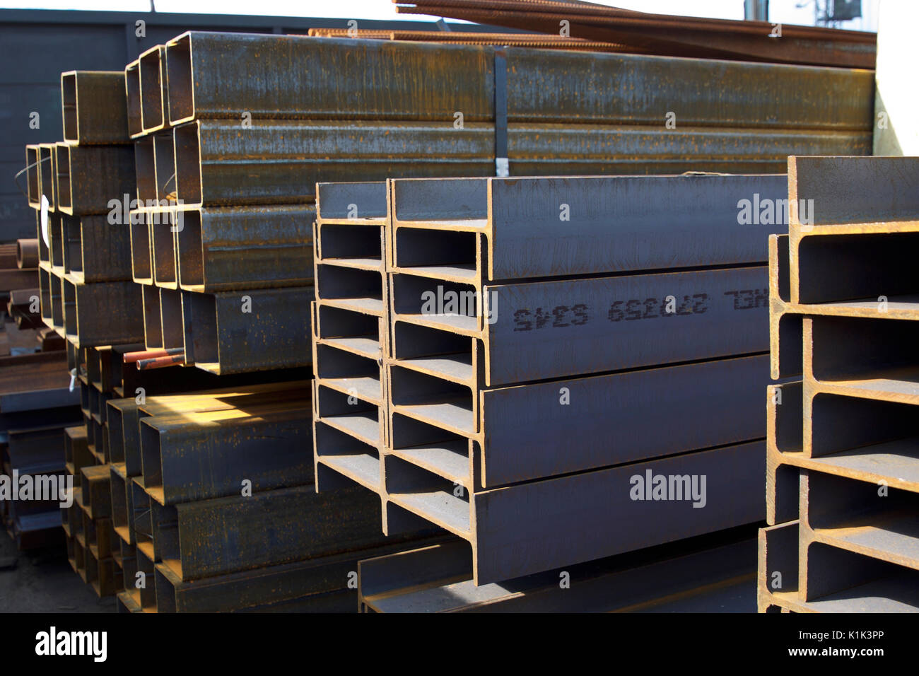 Metal profile beam in packs at the warehouse of metal products, Russia ...