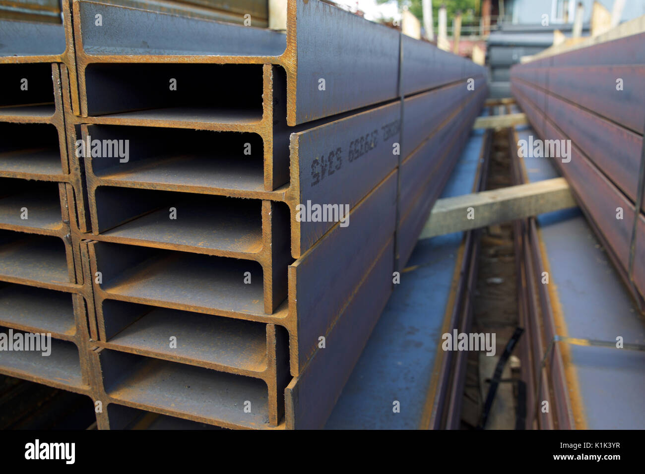 Metal profile beam in packs at the warehouse of metal products, Russia ...