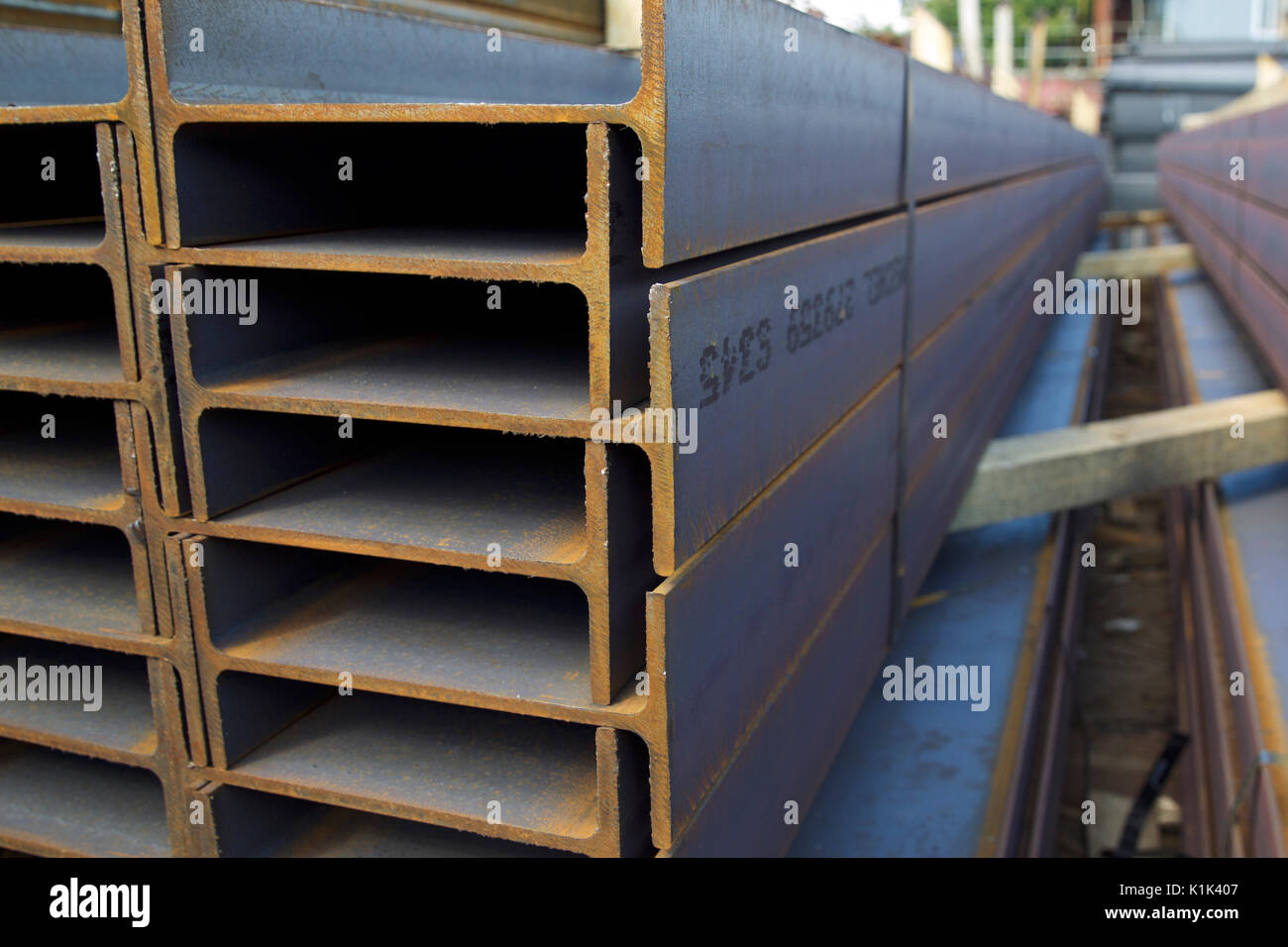 Metal profile beam in packs at the warehouse of metal products, Russia ...