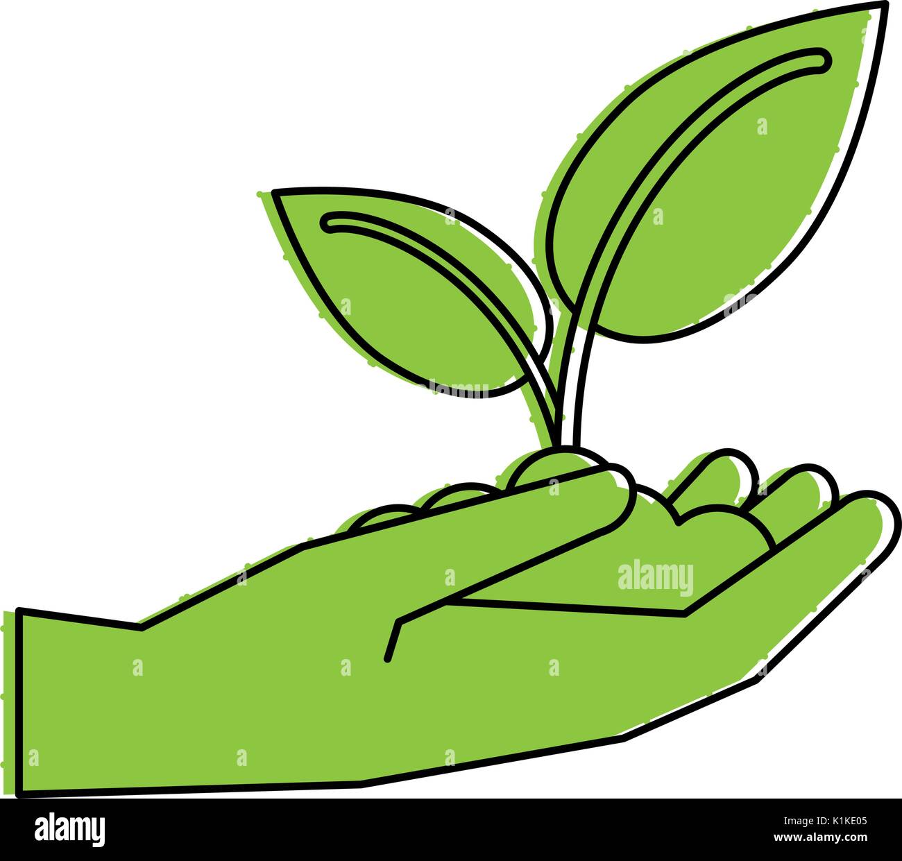 Green monocromatic hand and plant design over white background vector ...