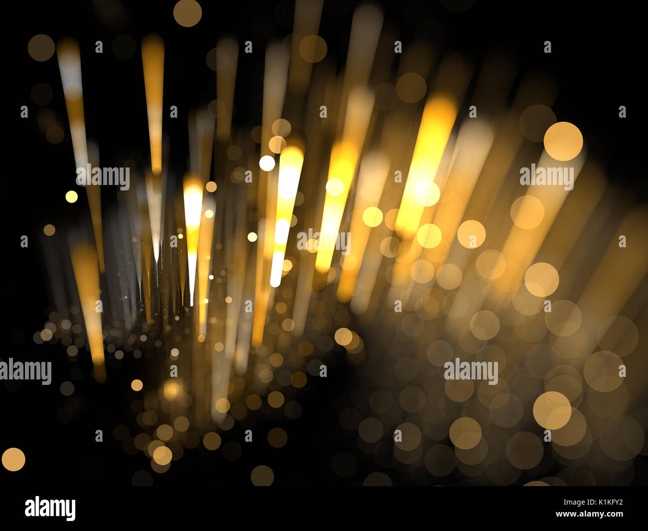 Yellow glowing bars and particles in bokeh, depth of field, computer generated abstract ...