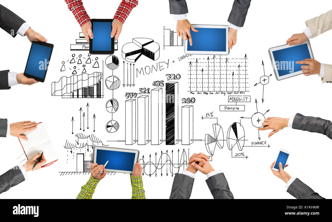 Group of people with devices in hands working together as symbol of ...
