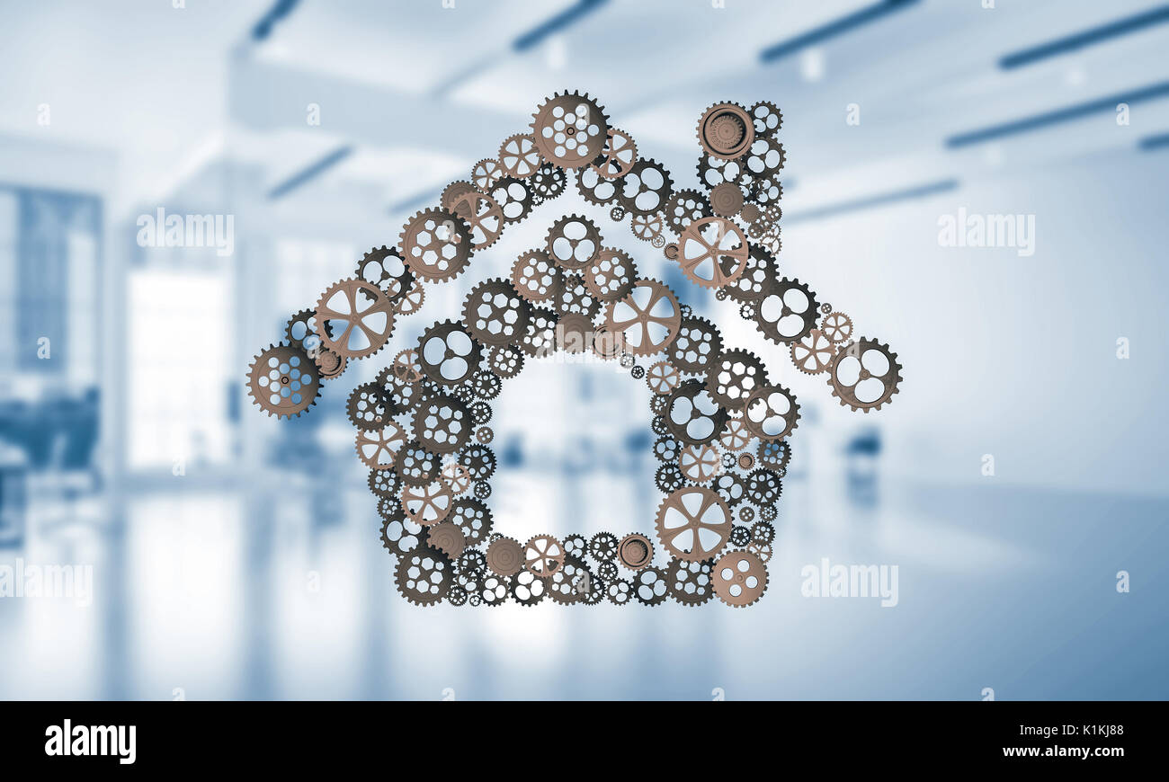 Conceptual background image with house sign made of connected gears. 3d ...
