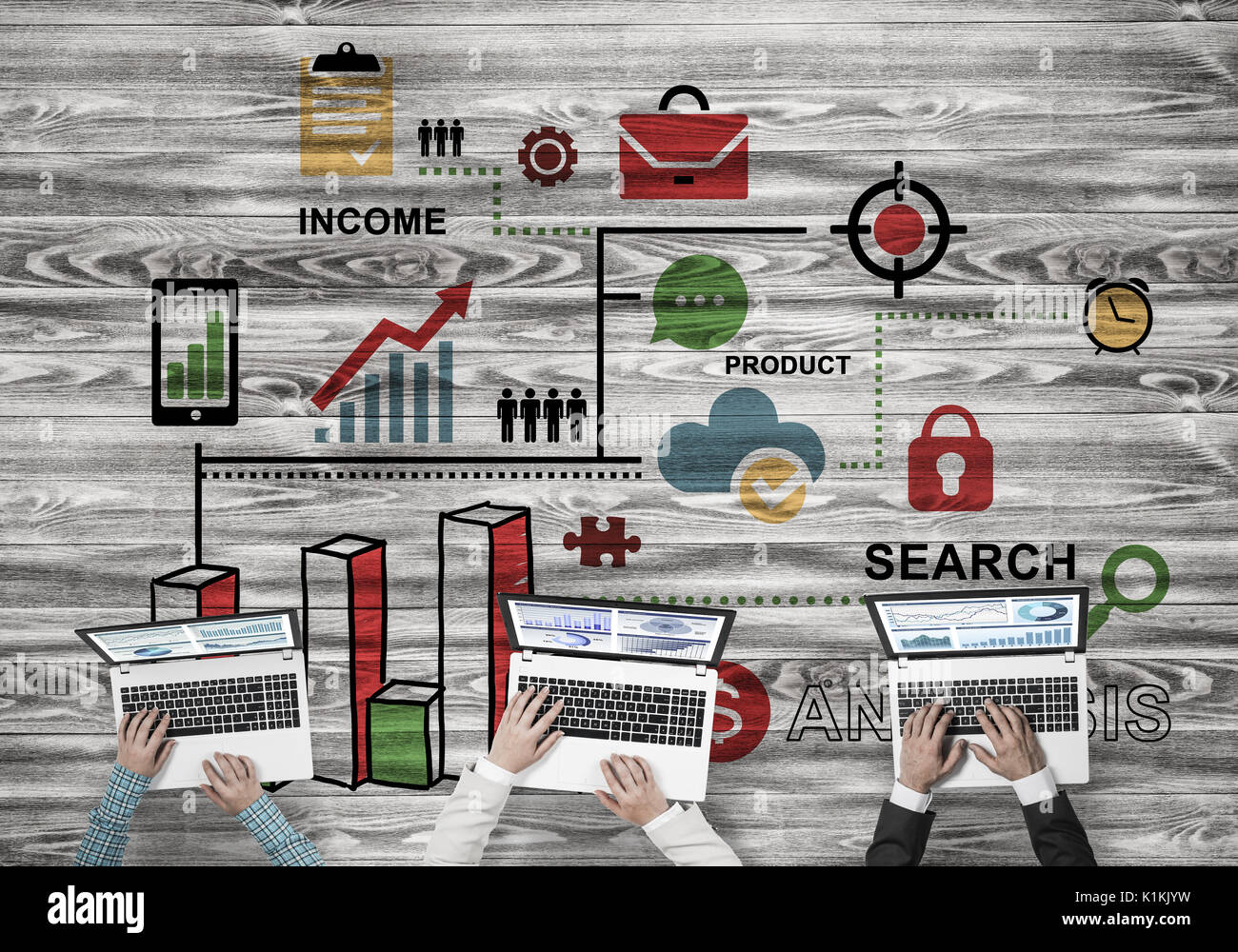 Group of three people with devices in hands working together as symbol ...