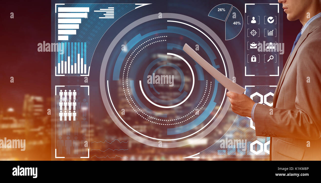 Rear view of businessman against virtual panel interface holding papers ...