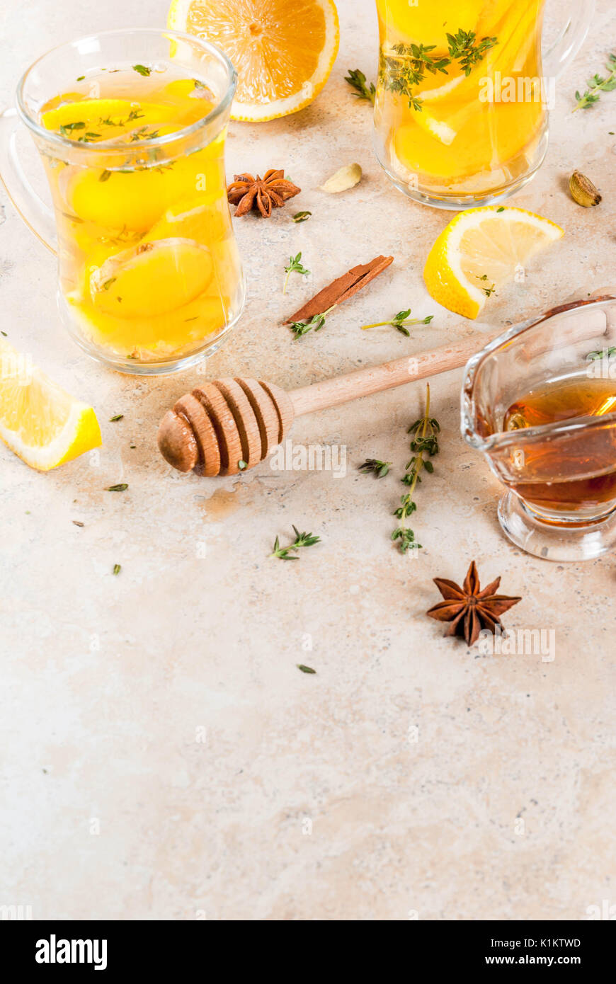 Fall and winter traditional drinks. Warming hot tea with lemon, ginger ...
