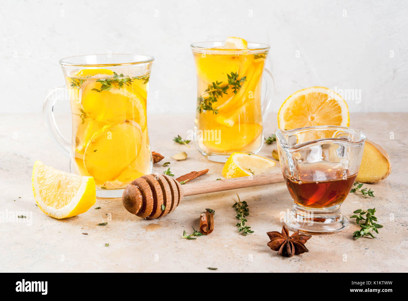 Fall and winter traditional drinks. Warming hot tea with lemon, ginger ...
