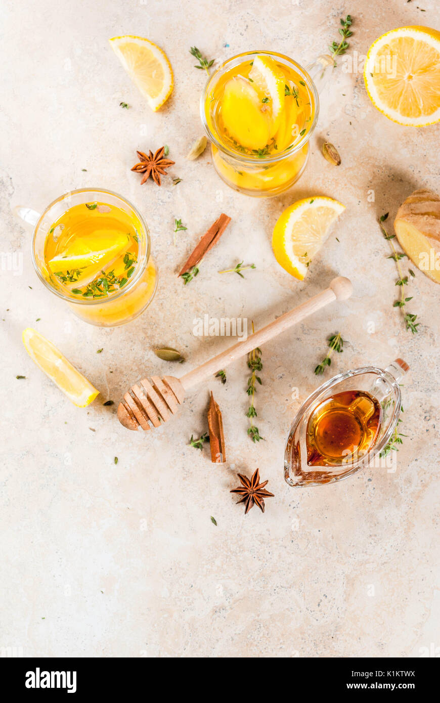 Fall and winter traditional drinks. Warming hot tea with lemon, ginger ...