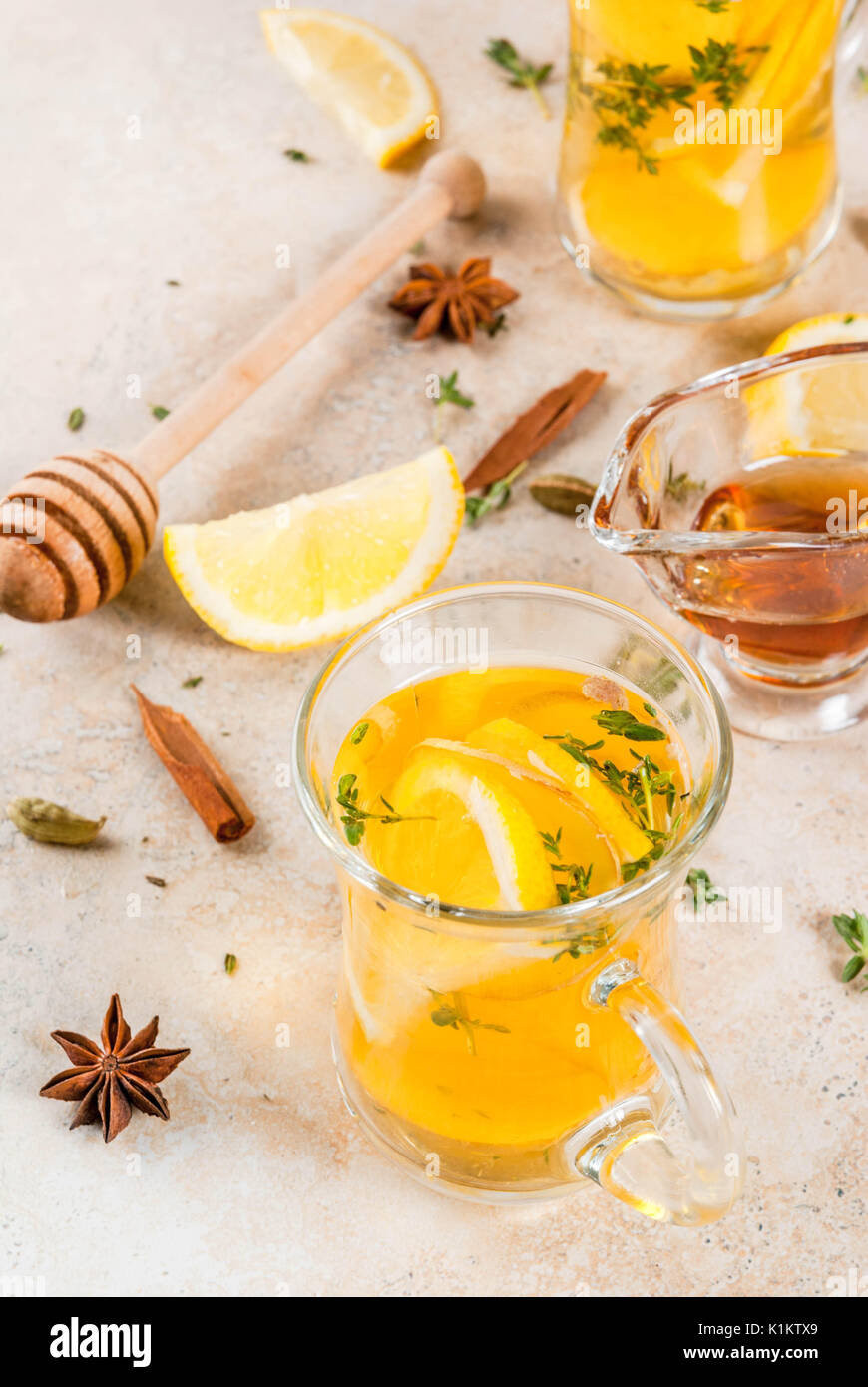 Fall and winter traditional drinks. Warming hot tea with lemon, ginger ...