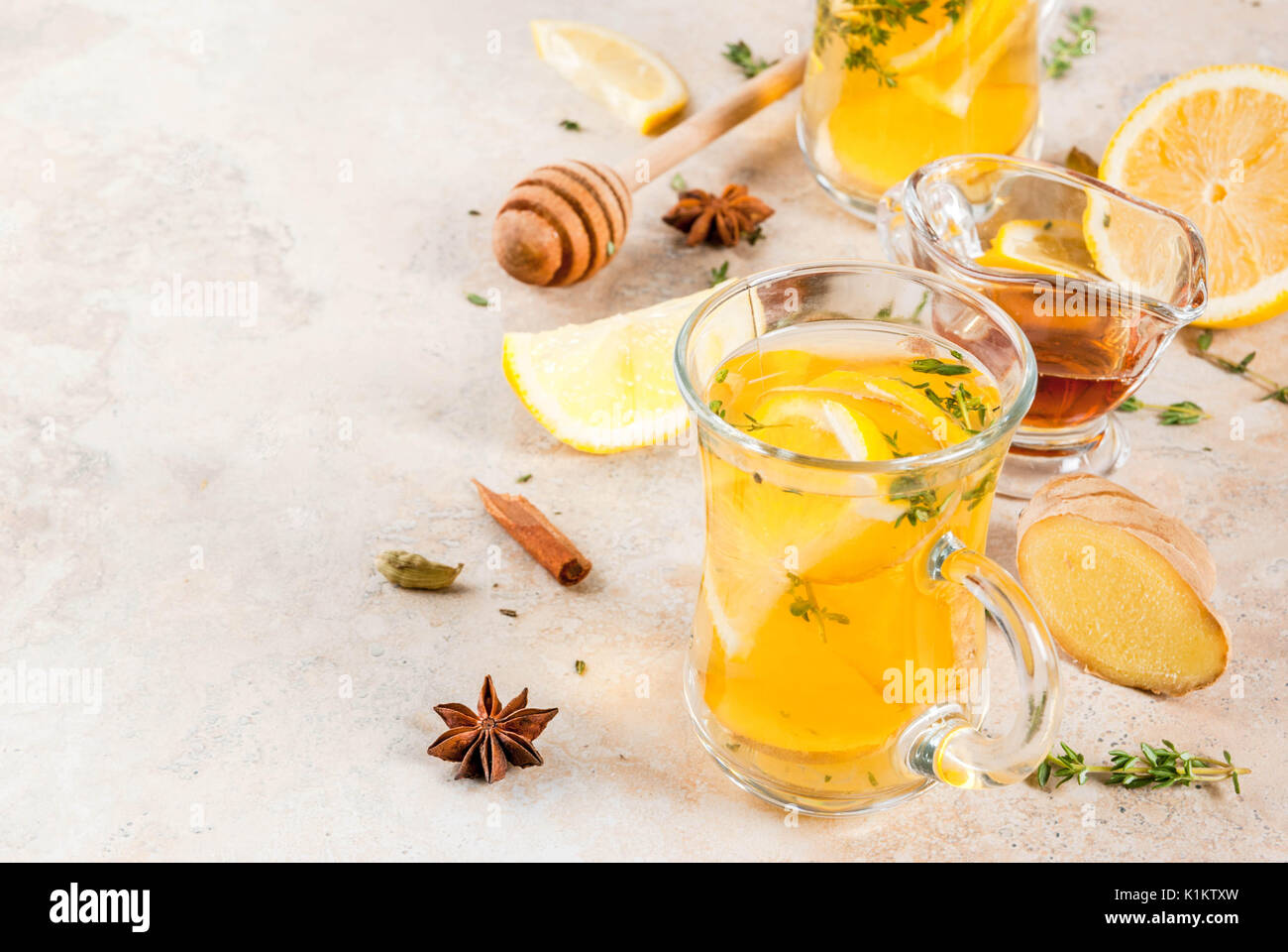 Fall and winter traditional drinks. Warming hot tea with lemon, ginger ...