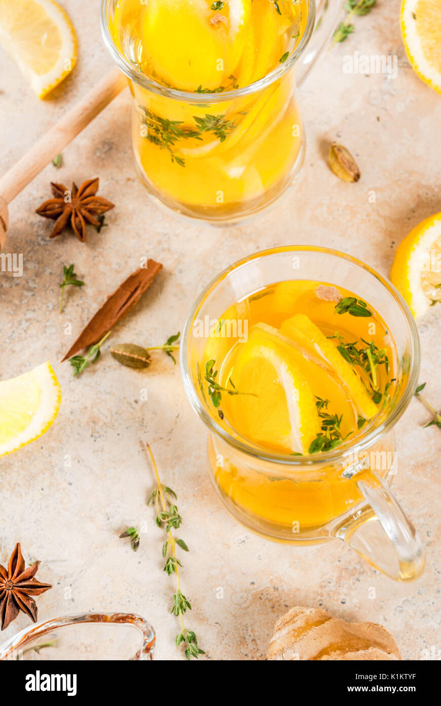 Fall and winter traditional drinks. Warming hot tea with lemon, ginger ...