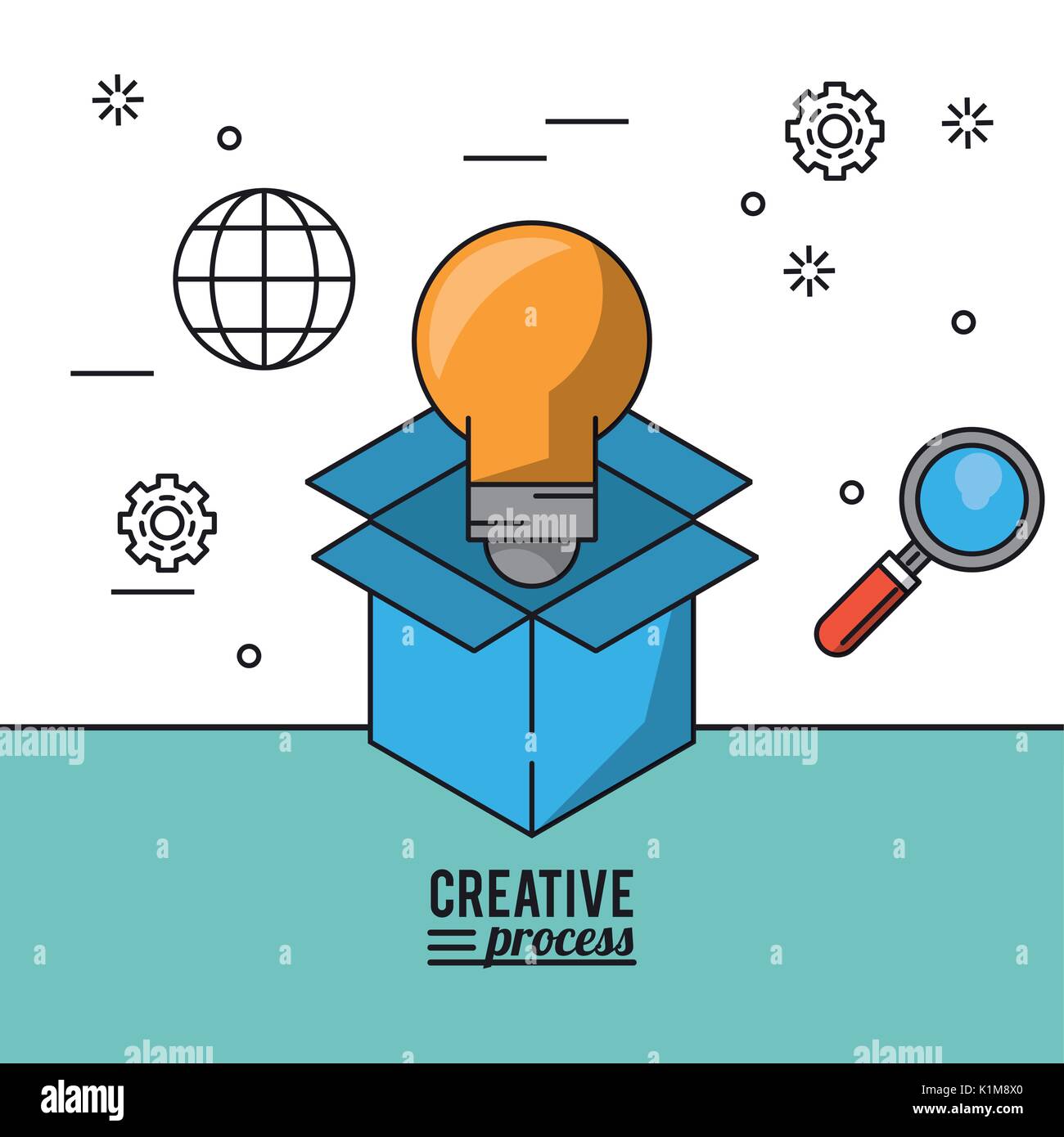 colorful poster creative process with cardboard box and light bulb and ...