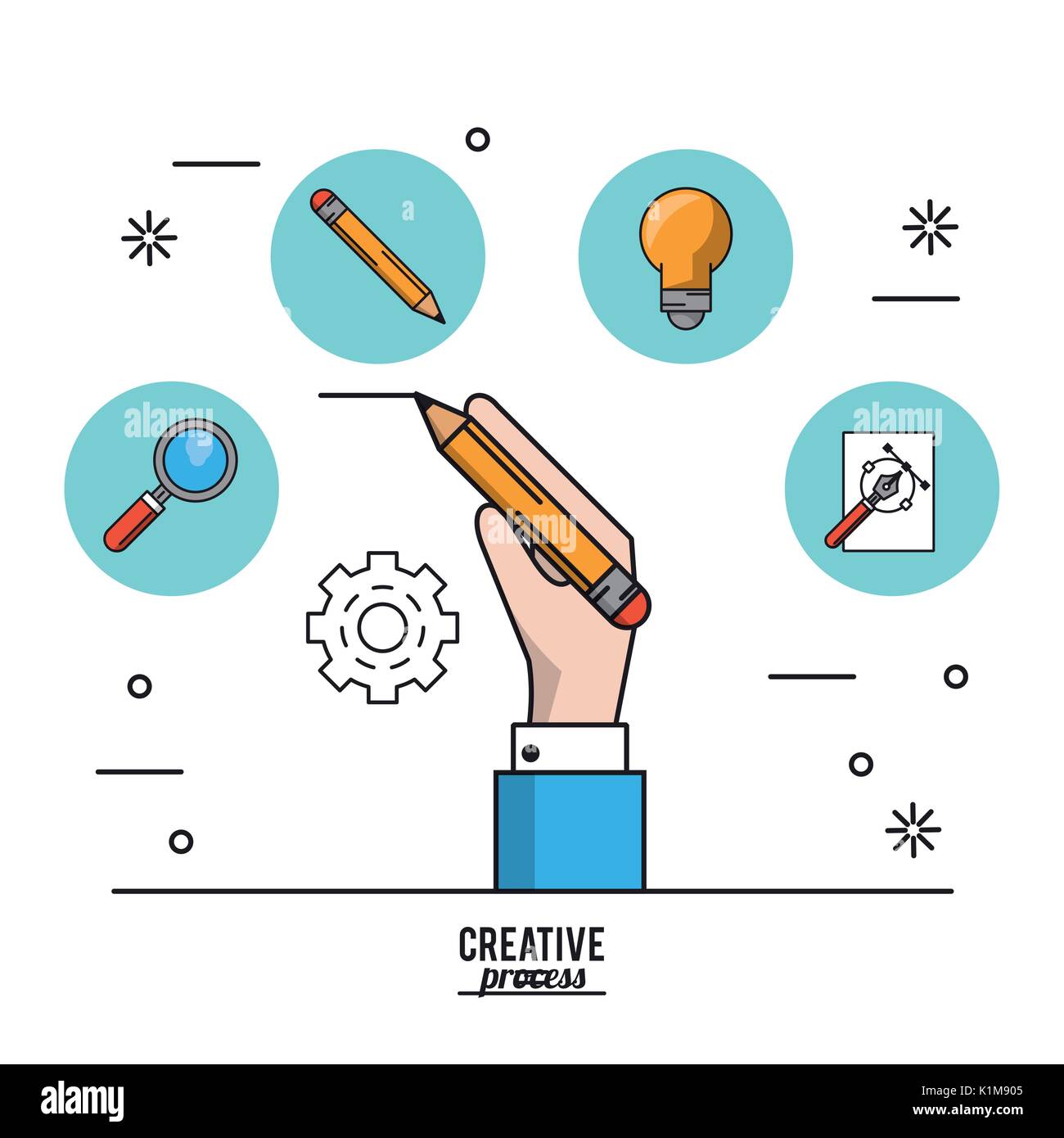 colorful poster creative process of hand with pencil making line and ...
