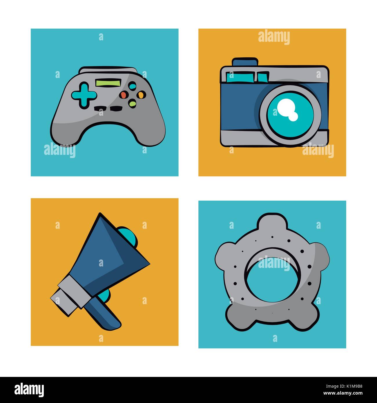 white background with color frames with icons of games and camera and ...