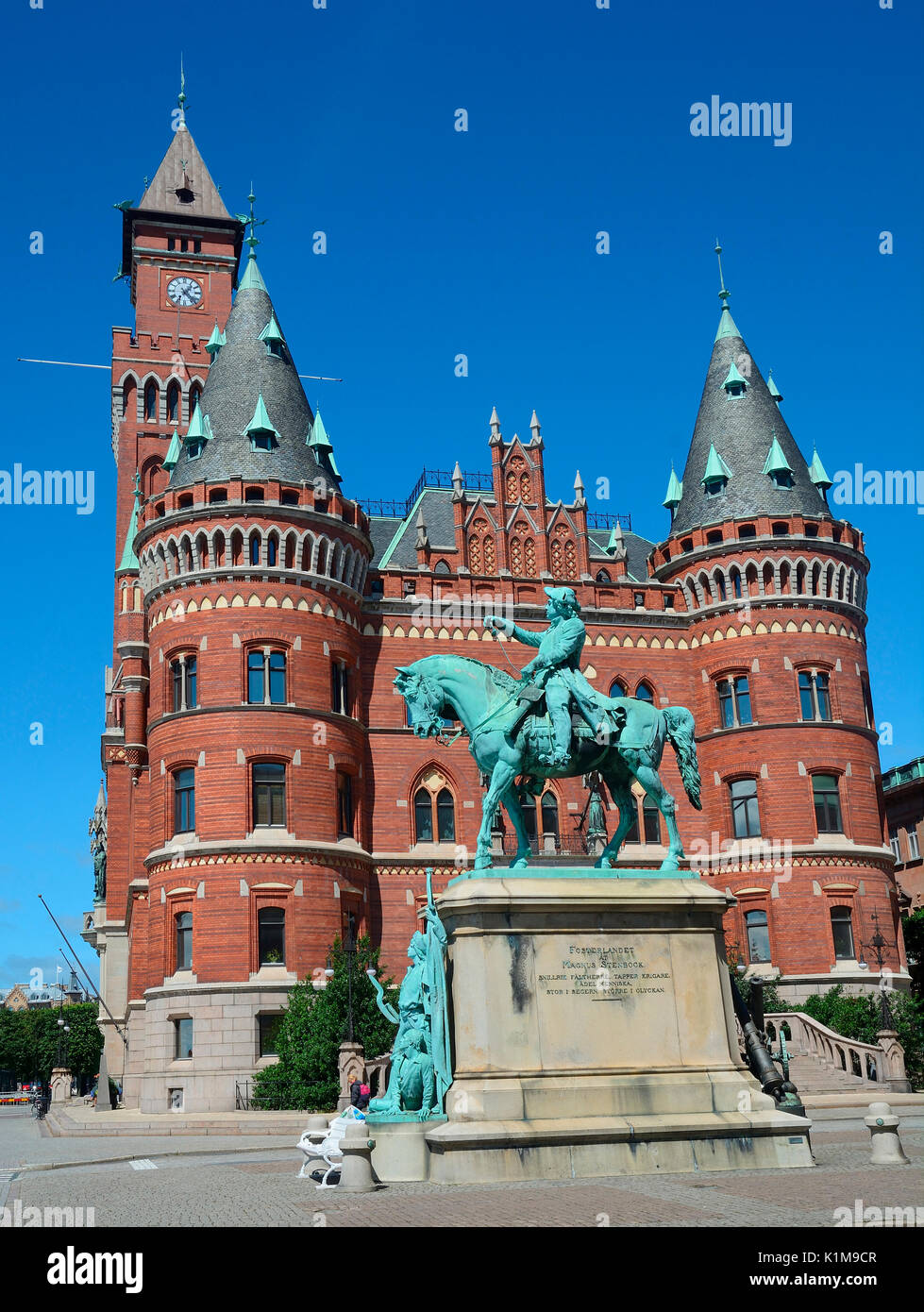 Town hall with statue of Magnus Stenbock, Helsingborg, Scania, Sweden ...