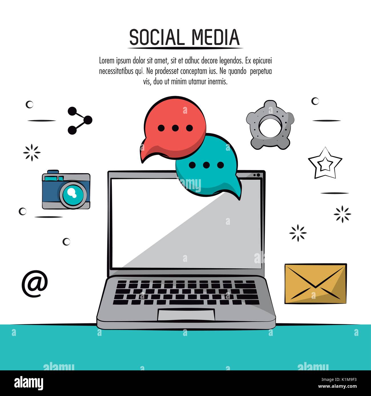 colorful poster of social media with laptop computer and icons camera ...