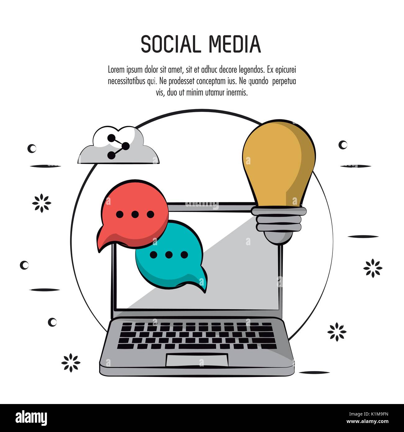 colorful poster of social media with laptop computer in circle and ...