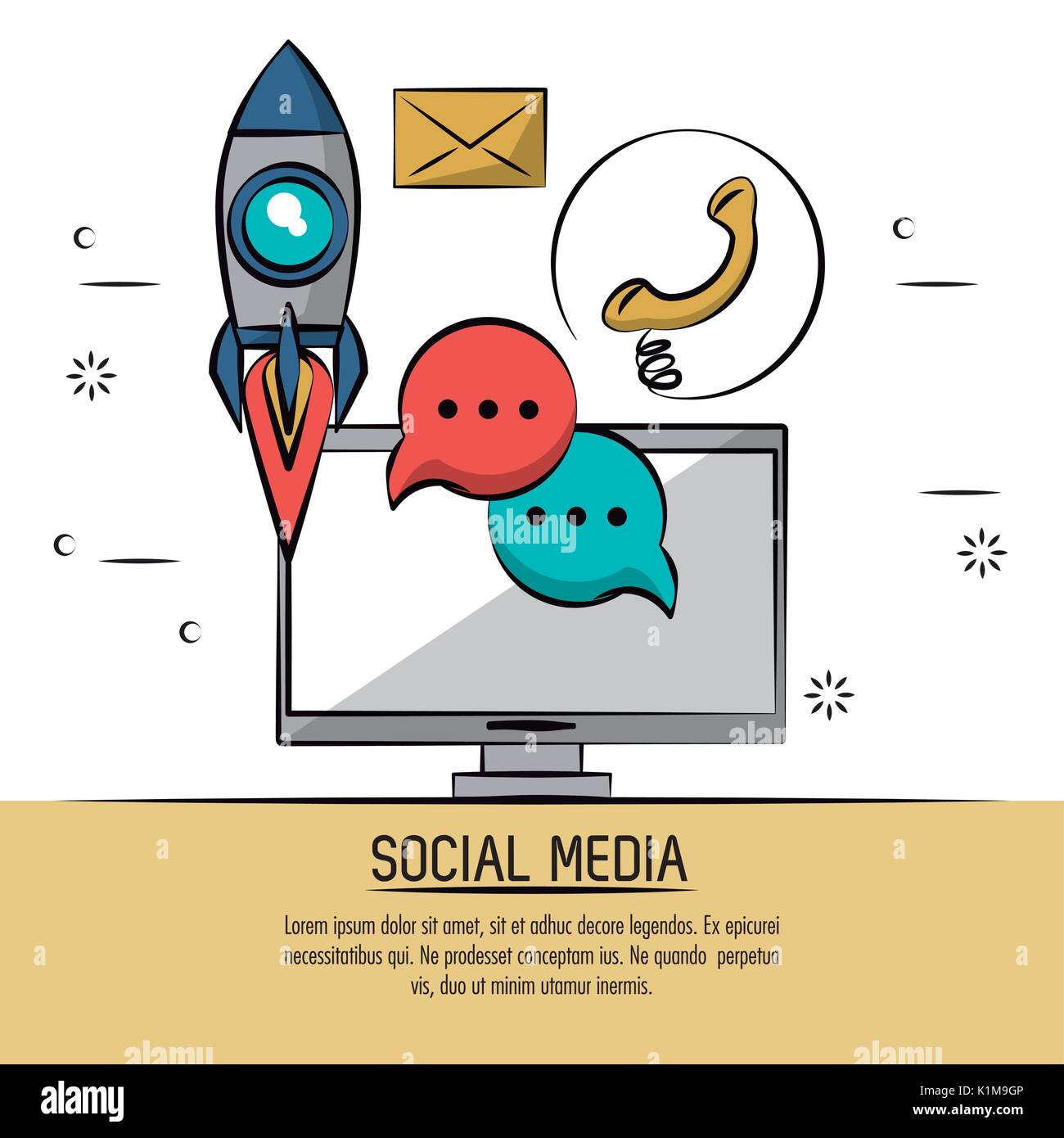 colorful poster of social media with desktop computer and icons of ...