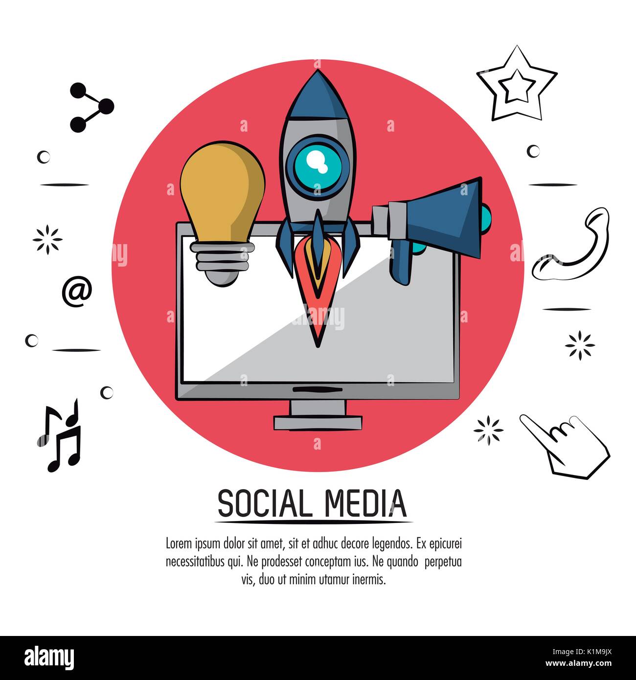 colorful poster of social media with desktop computer in red circle and ...