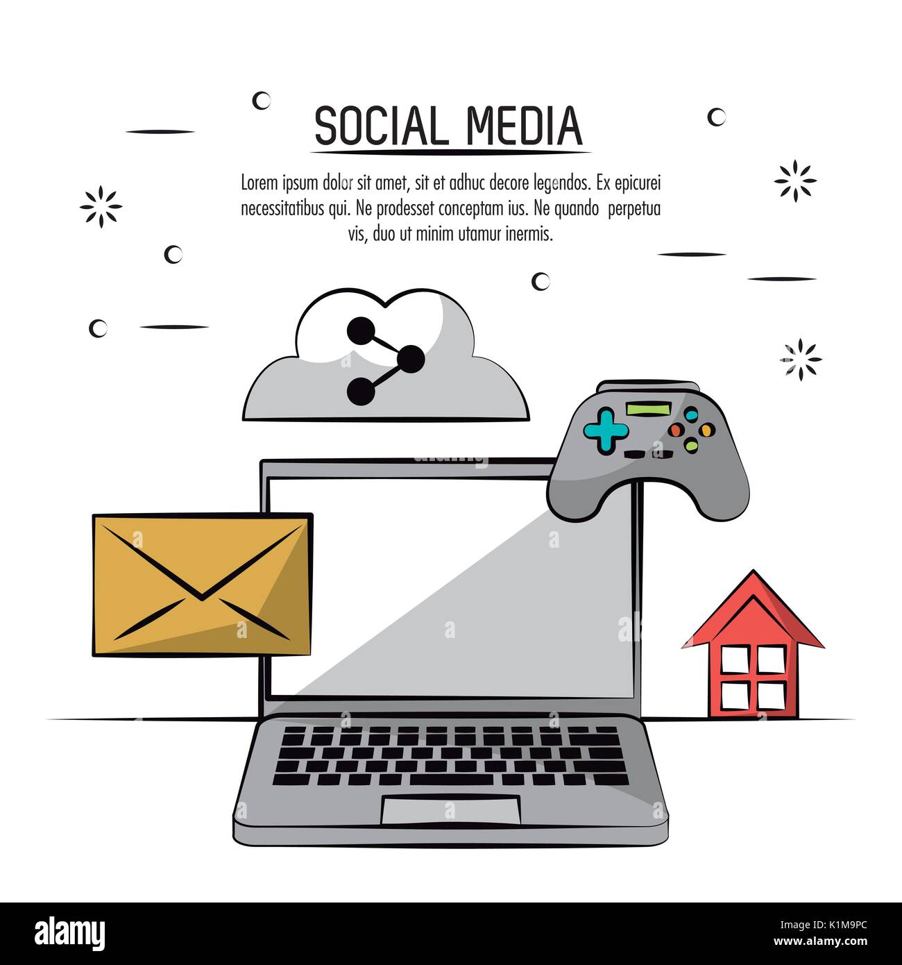 colorful poster of social media with icons mail and cloud link and game ...