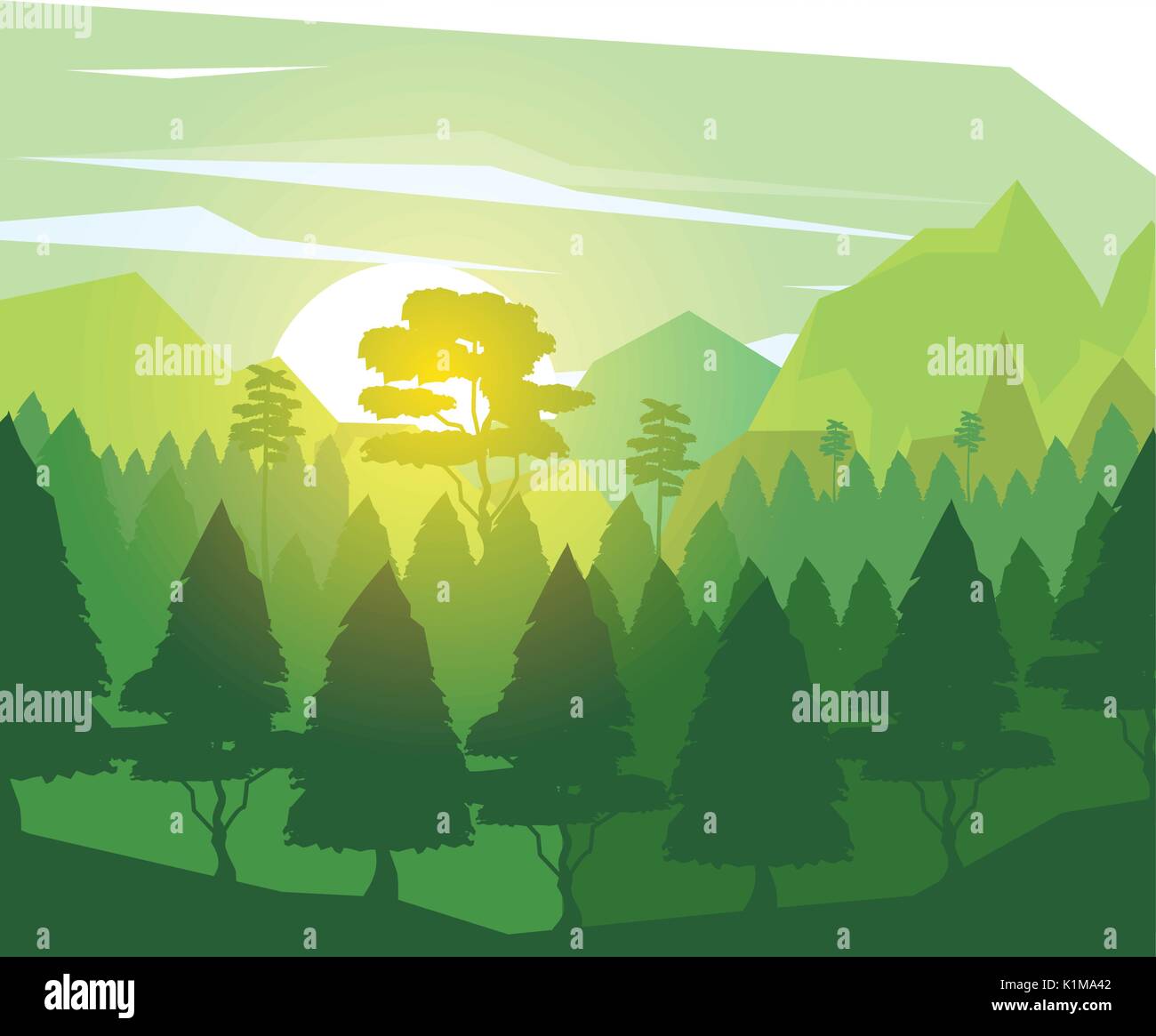 colorful background with landscape of pine trees in dawn Stock Vector ...