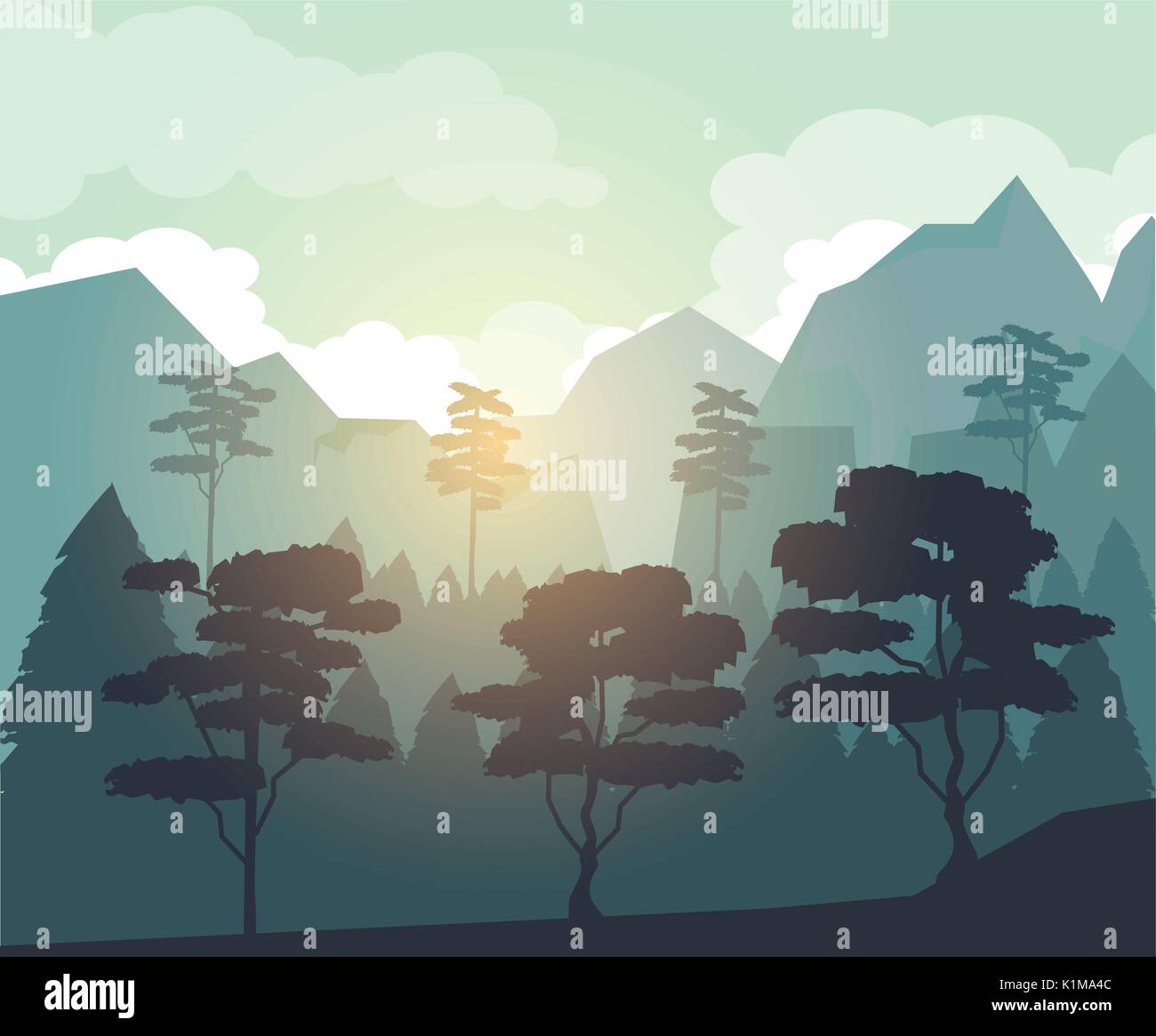 colorful background with dawn landscape with mountains and trees Stock ...