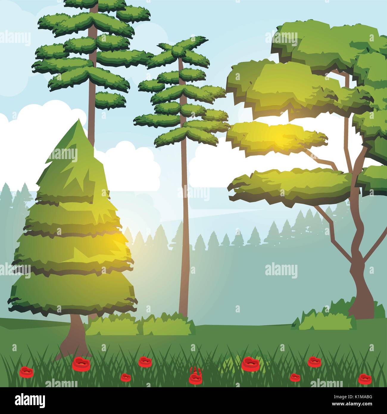 Beautiful panorama pine forest sunny Stock Vector Images - Alamy