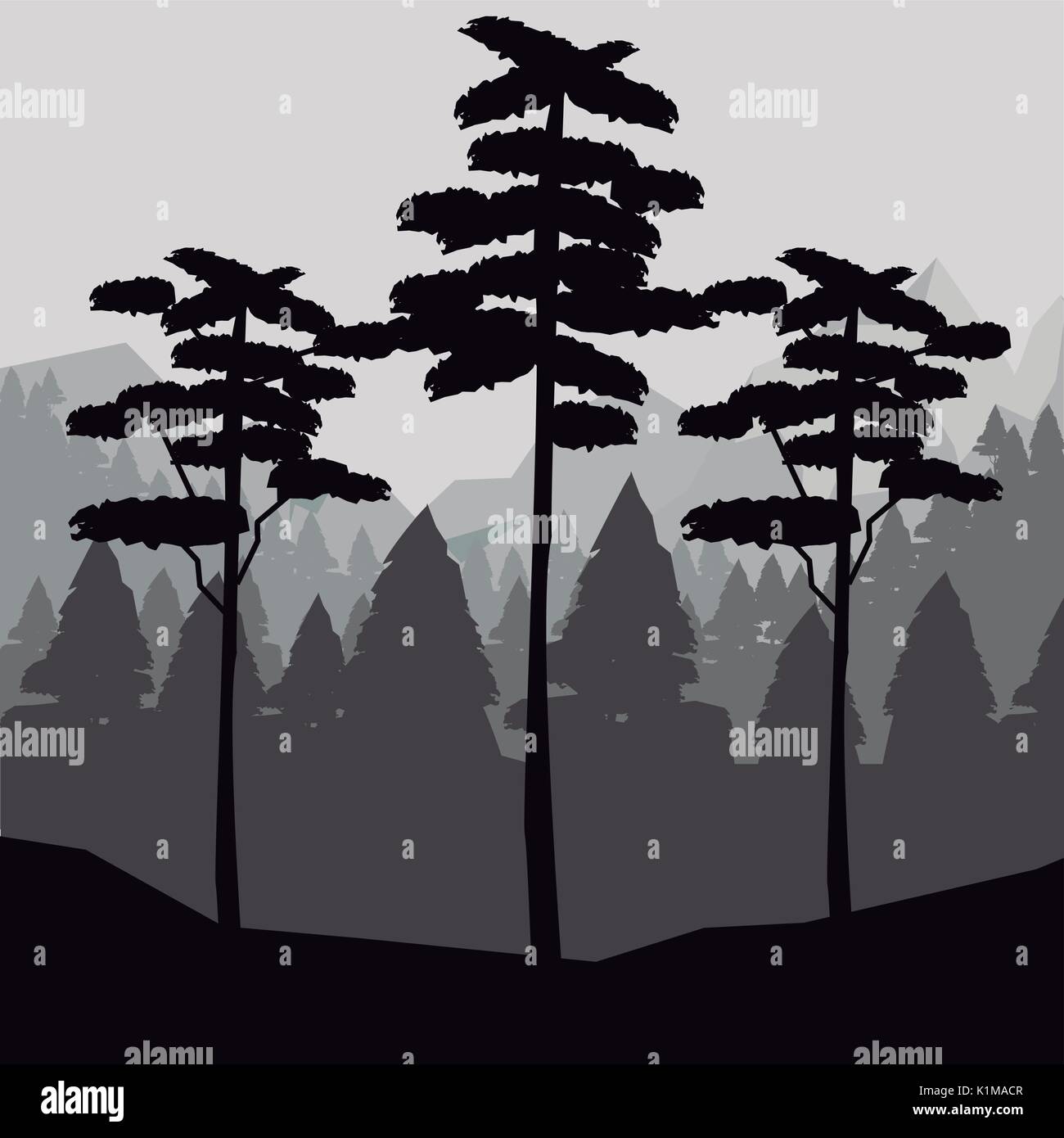 monochrome background of landscape of forest with mountains and trees ...