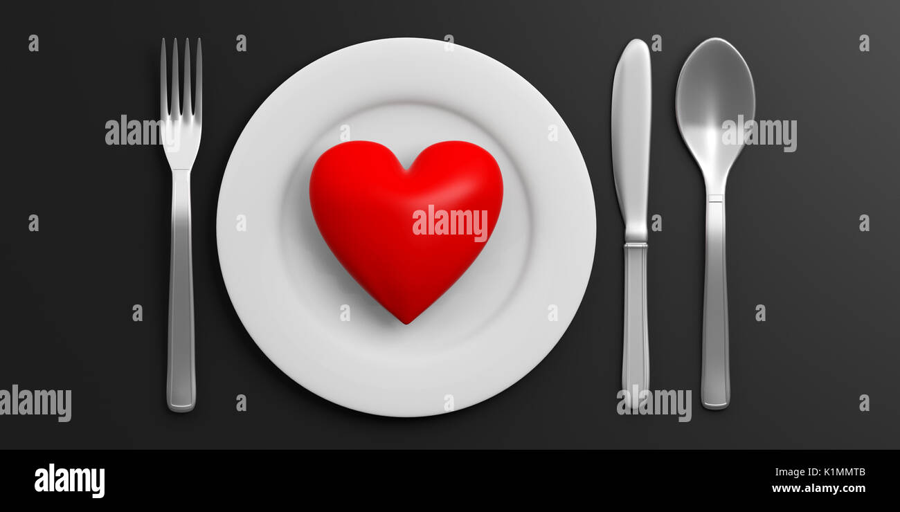 Table Setting and red heart isolated on black background. 3d ...