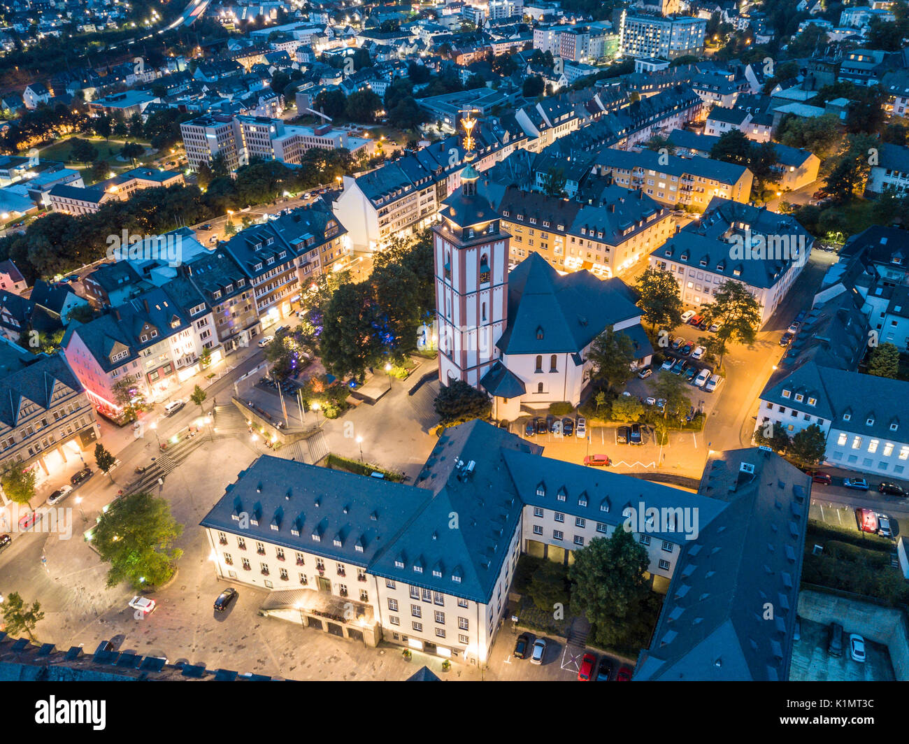 Aerial view over the old town of Siegen at dusk. North Rhine-Westphalia ...