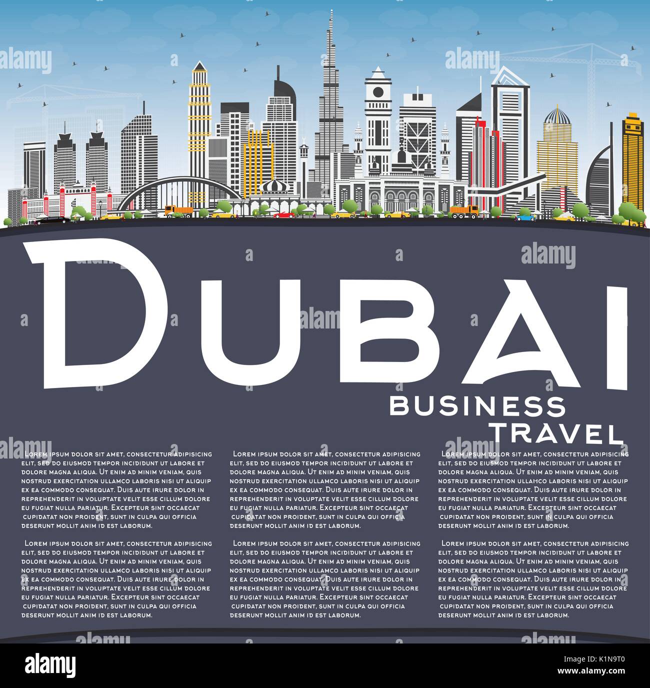 Dubai UAE Skyline with Gray Buildings, Blue Sky and Copy Space. Vector ...