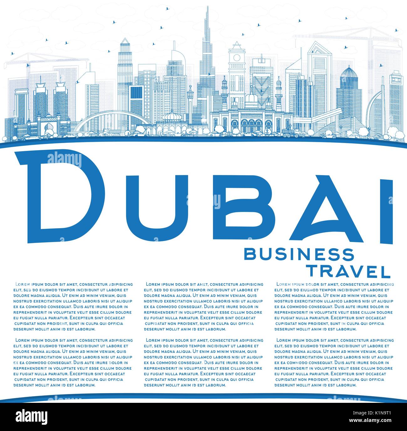 Outline Dubai UAE Skyline with Blue Buildings and Reflections. Vector ...