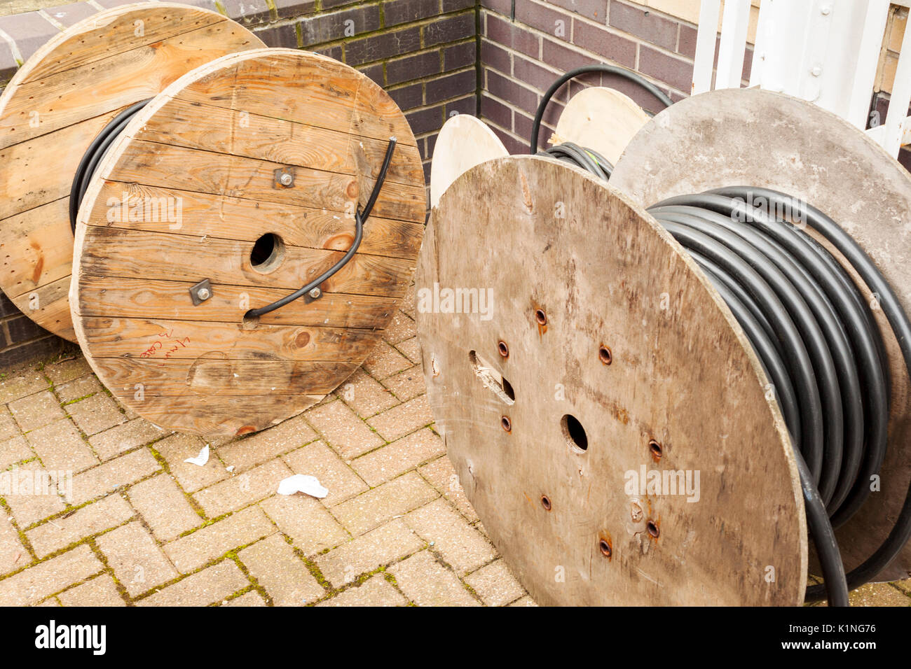 Wooden cable drums hi-res stock photography and images - Alamy