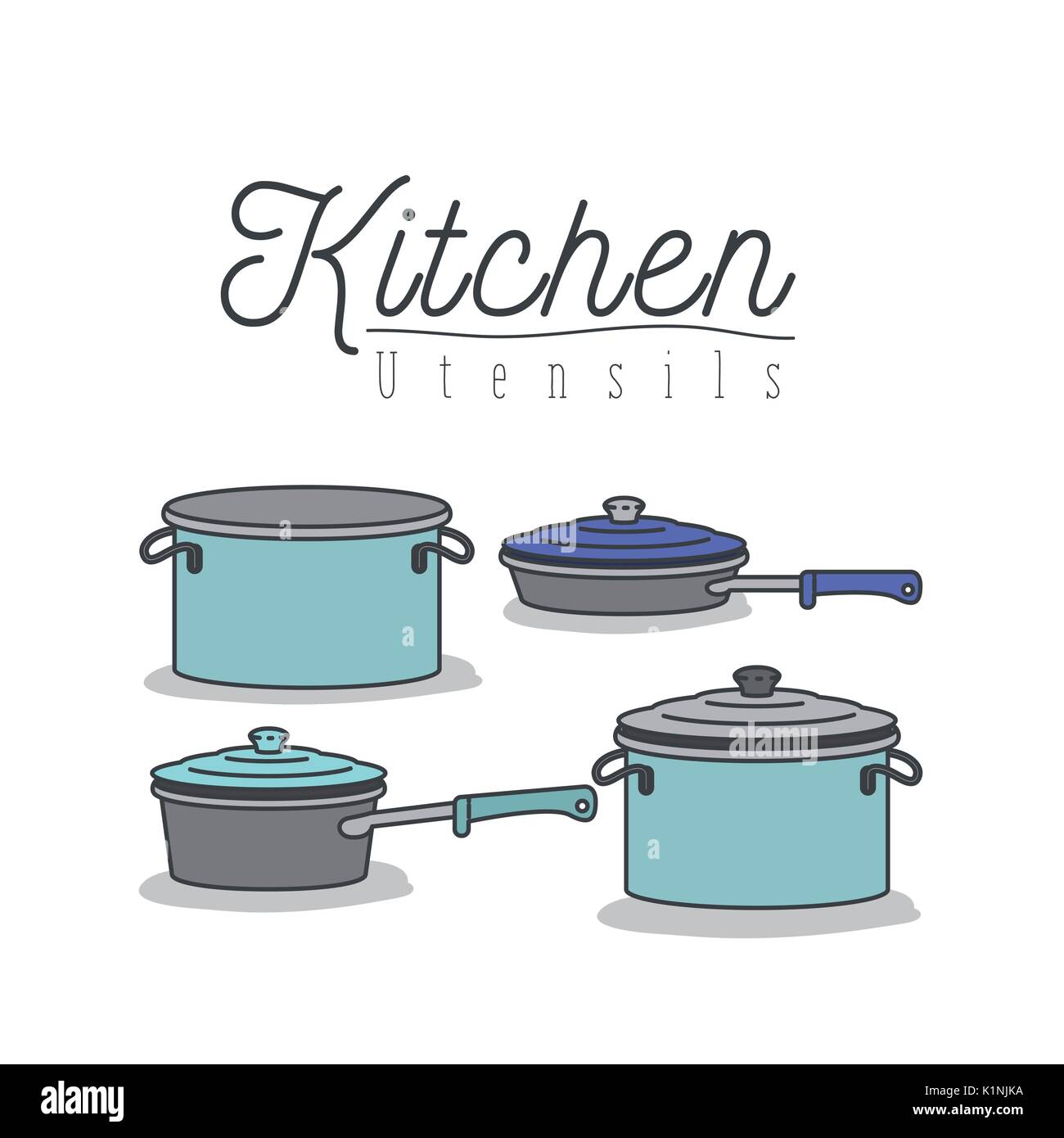 white background with colorful set of kitchen pots and pans with lids ...