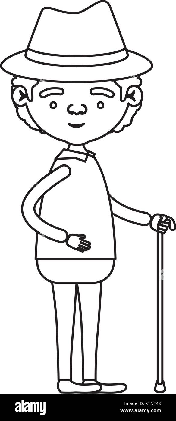 Sketch Silhouette Of Full Body Grandfather In Walking Stick With Curly