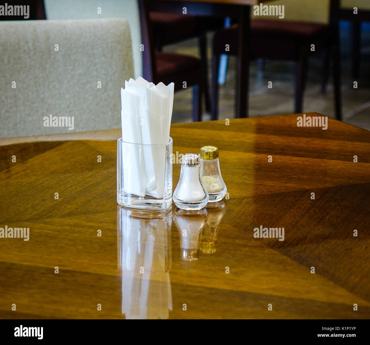 Interior of modern restaurant with wooden tables. Close up Stock Photo ...