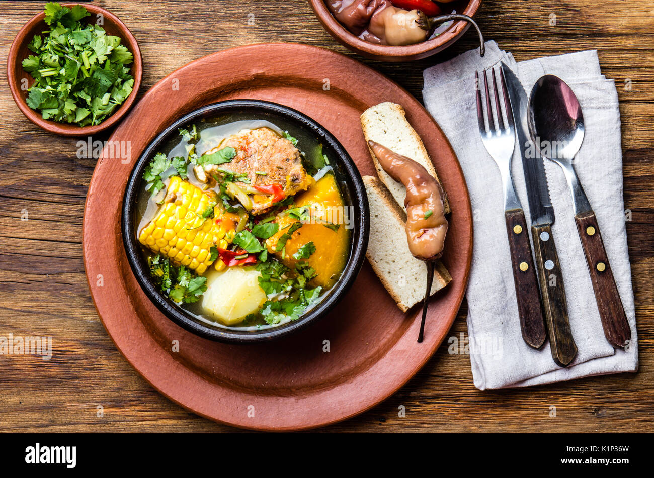 Latin American chilean food. Traditional chilean cazuela de cerdo with ...