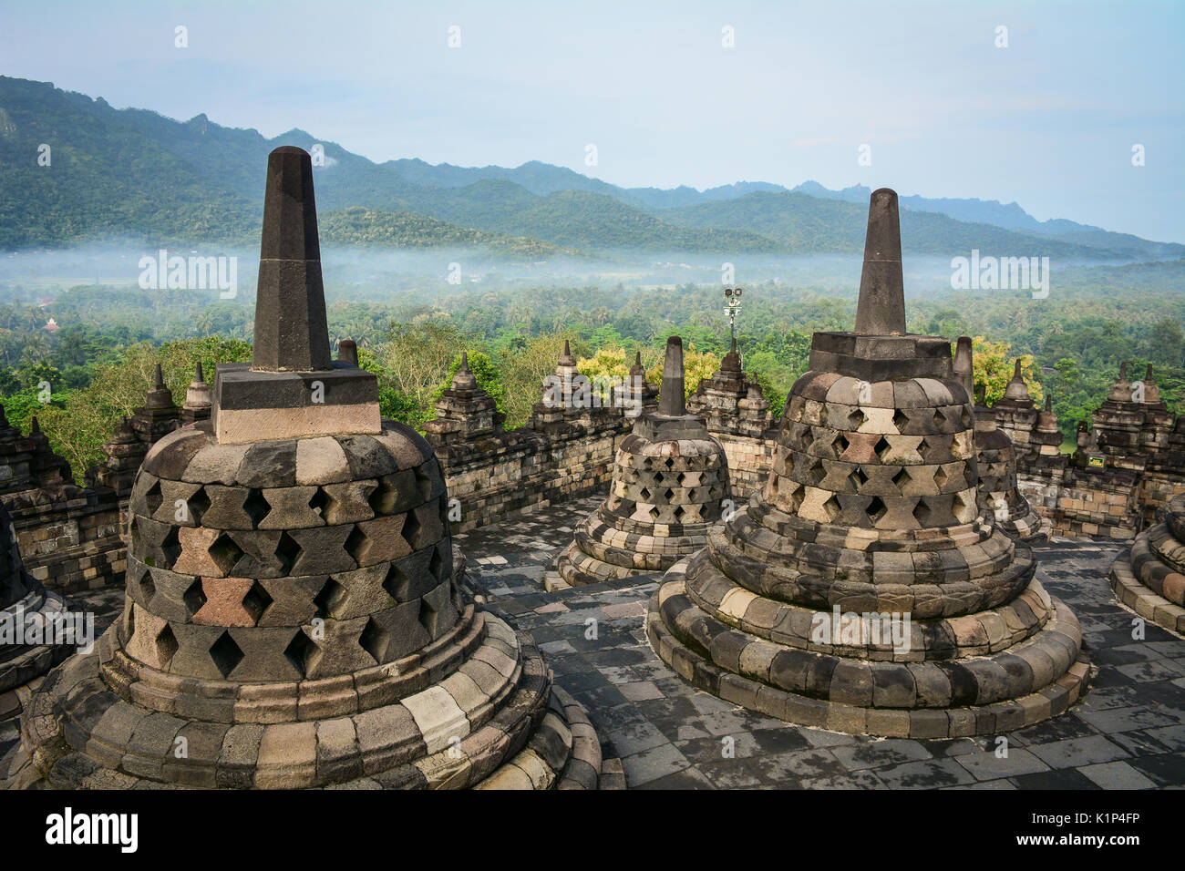 Stone stupas of Borobudur Temple on Java, Indonesia. Built in the 9th ...