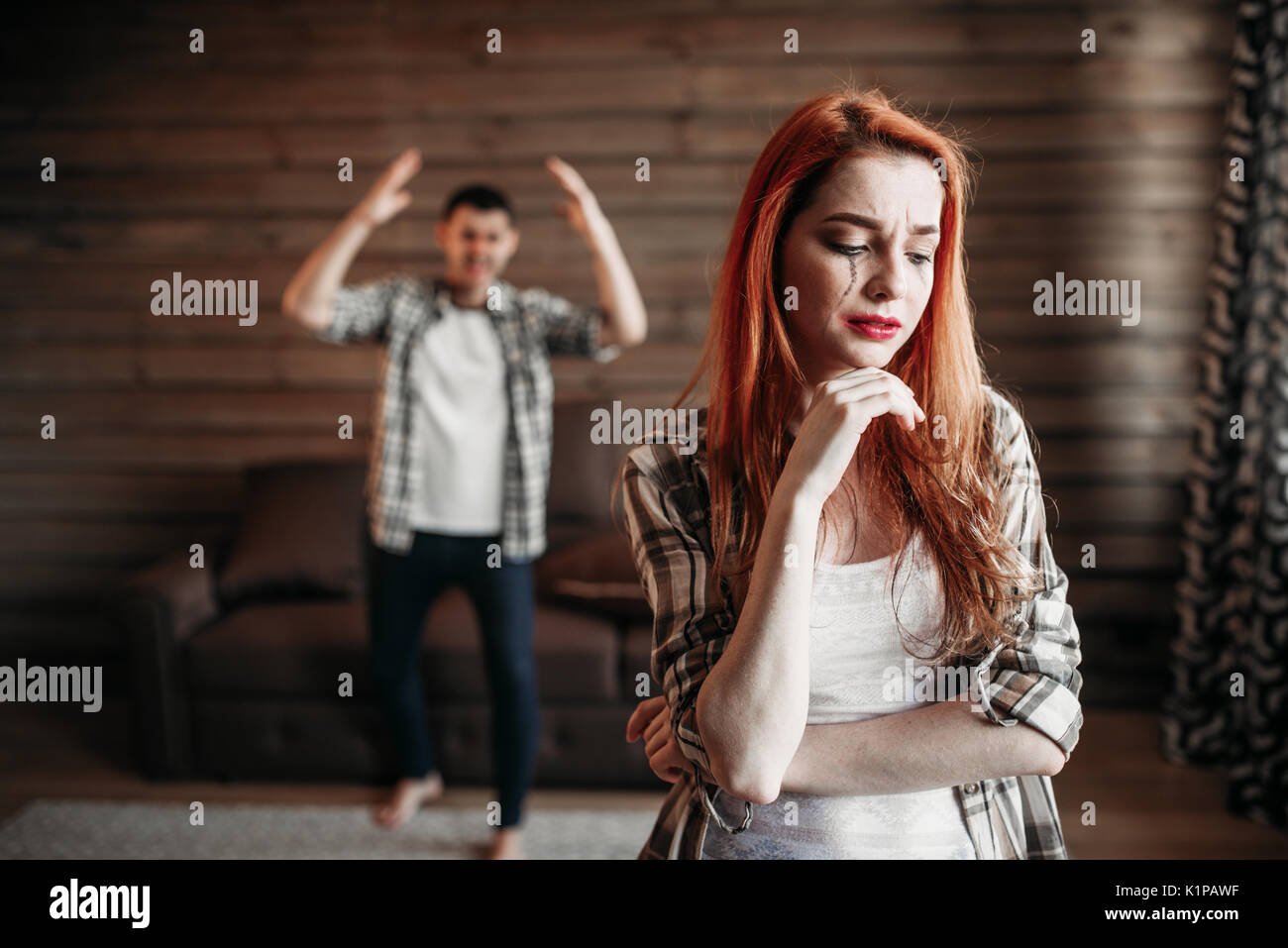 Family quarrel, couple in conflict, woman crying. Problem relationship ...