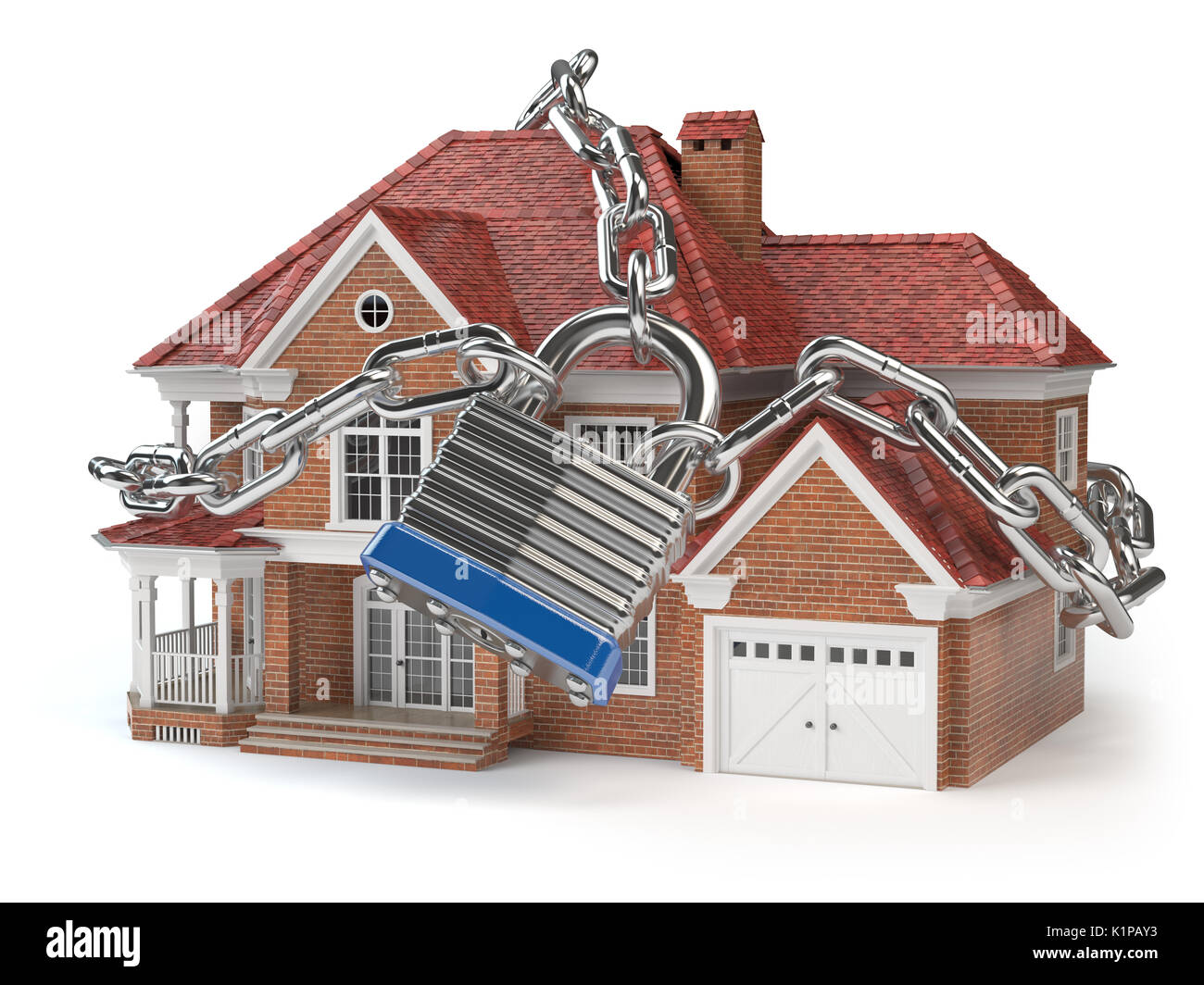 House with chain and padlock. Home security concept. 3d illustration ...